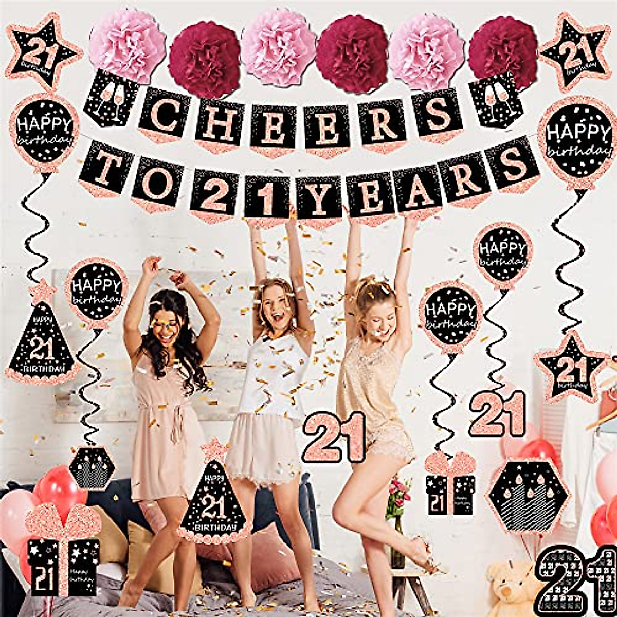 21st Birthday Decorations for her - (21pack) Cheers to 21 Years Rose Gold Glitter Banner for her, 6 Paper Poms, 6 Hanging Swirl, 7 Decorations Stickers. 21 Years Old Party Supplies Gifts for her