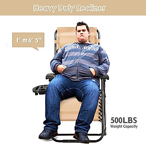Goplus Zero Gravity Chairs, X-Large Outdoor Lounge Lawn Chair with Cup Holder & Detachable Headrest, Adjustable Folding Patio Recliner for Pool Porch Deck Oversize (Beige)