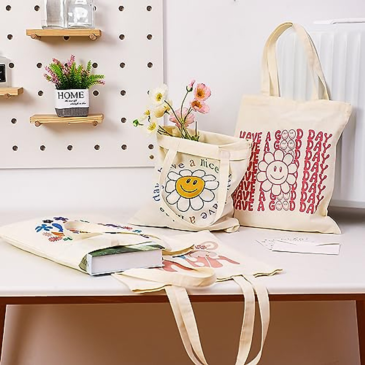 4 Pack Aesthetic Canvas Tote Bag Women Reusable Grocery Shopping Bag Cute Preppy Shoulder Bag Back to School Gift Bag (Funny Style)