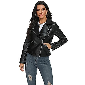 Fahsyee Women's Leather Jackets, Faux Motorcycle Plus Size Moto Biker Coat Short Lightweight Vegan Pleather Fashion, Black, M