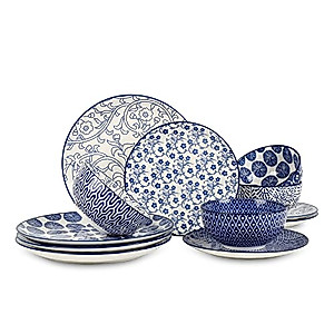 Selamica Ceramic 12-Pieces Dinnerware Sets, Ceramic Dish Plates and Bowls Sets, Service for 4, Dinner Salad Dessert Plates, and Cereal Bowls Set, Gift,Vintage Blue
