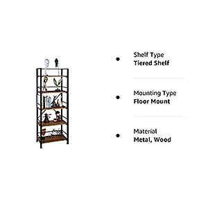 Crofy Rustic Bookshelf, 5 Tier Real Wood Bookshelf, Metal Book Shelf for Storage, Black Bookcase, 12.6" D x 23.62" W x 64.17" H