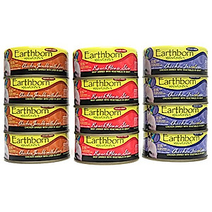 Earthborn Holistic Wet Cat Food Variety Pack - 3 Flavors (Chicken Jumble with Liver, RanchHouse Stew, and Chicken Fricatssee) - 5.5 Ounces Each (12 Total Cans)