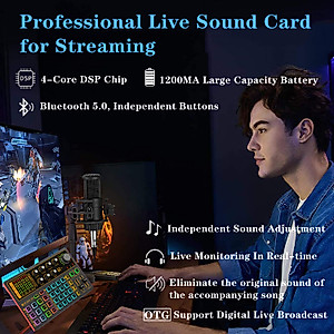 Professional Audio Mixer, K300 Live Sound Card and Audio Interface Sound Board with Multiple DJ Mixer Effects,Voice Changer and LED Light, Prefect for Streaming/Podcasting/Gaming/Recording/YouTube/PC