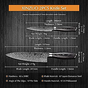 XINZUO Damascus 2Pcs Kitchen Knife Set, Hand Forged 67 Layers Damascus steel Chef Knife Utility Knife, Special cooking knife for restaurant kitchen, Ergonomic Pakkawood Handle - YA Series