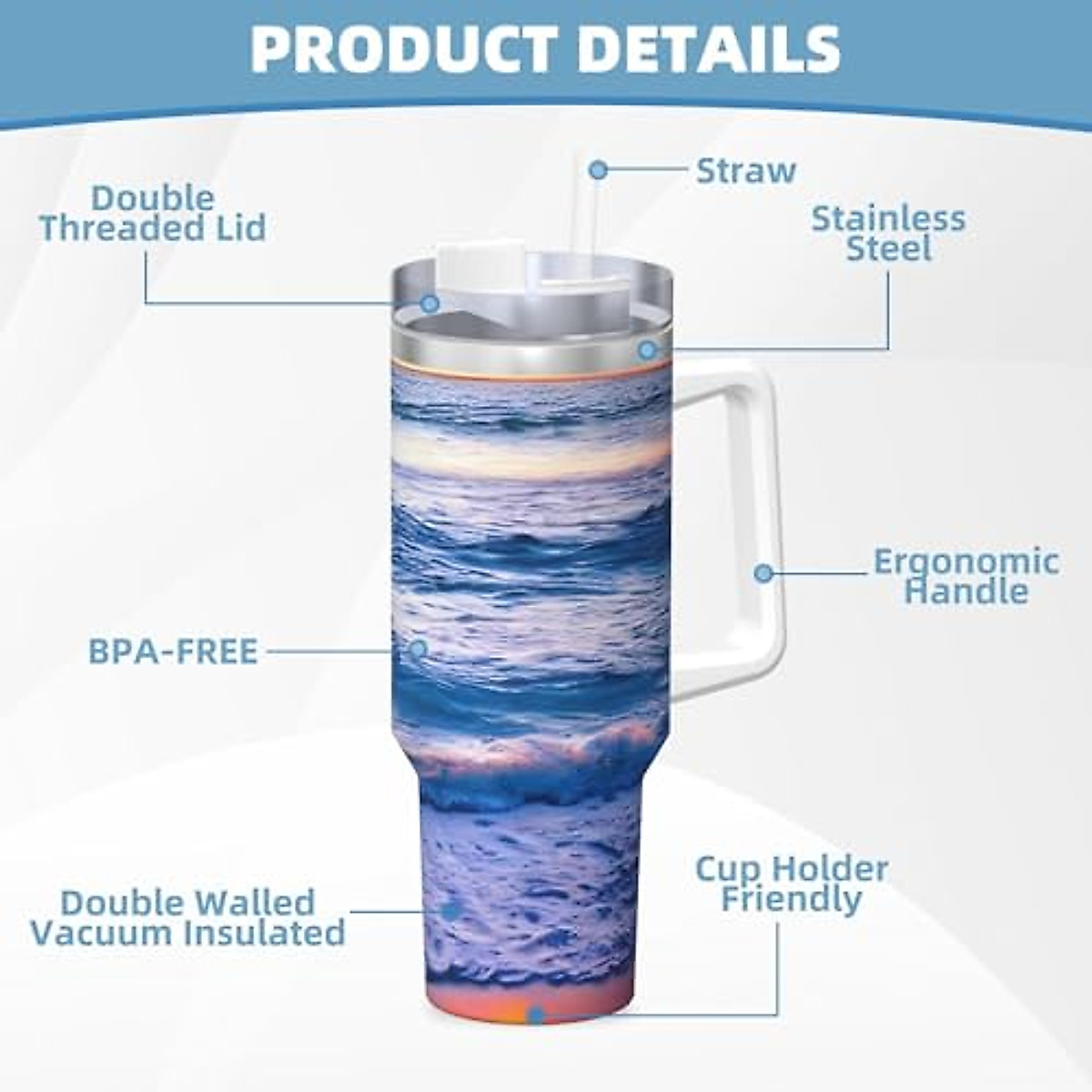 HULIBIN Beach Sunset Ocean Waves Print Double Deck Stainless Steel Travel Coffee Cup With Lid 40 Oz Ice Bully Cup