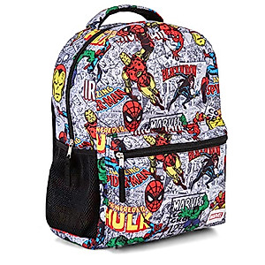 Marvel Comics Allover School Backpack - Avengers, Spiderman, Captain America, Iron Man Hulk - Officially Licenced Marvel Bookbag for Boys & Girls (White)