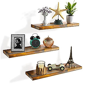 ASTARTH Floating Shelves-Wall Shelves Set of 3, Rustic Wood Storage Shelf-Invisible Brackets, 17'' Wall Mounted Shelves-Ideal for Bedroom, Living Room, Bathroom, Kitchen, Office Decor, Easy Assembly