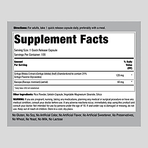 Piping Rock Ginkgo Biloba Supplements 120mg | 100 Capsules | Standardized Extract | Non-GMO, Gluten Free