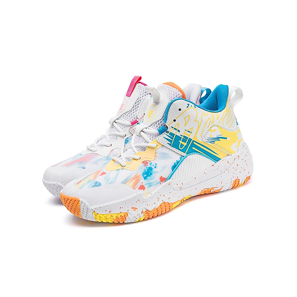 BROHN Men's Women's Basketball Shoes Ultra-Light high-top Fashion Anti-Slip Breathable Sneakers (Orange+Pink, Adult, Women, 7, Numeric, US Footwear Size System, Medium)