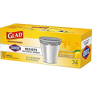 Glad Small Drawstring Trash Bags with Clorox, 4 Gallon Grey Trash Bags, Lemon Fresh Bleach Scent, 34 Count (Package May Vary)