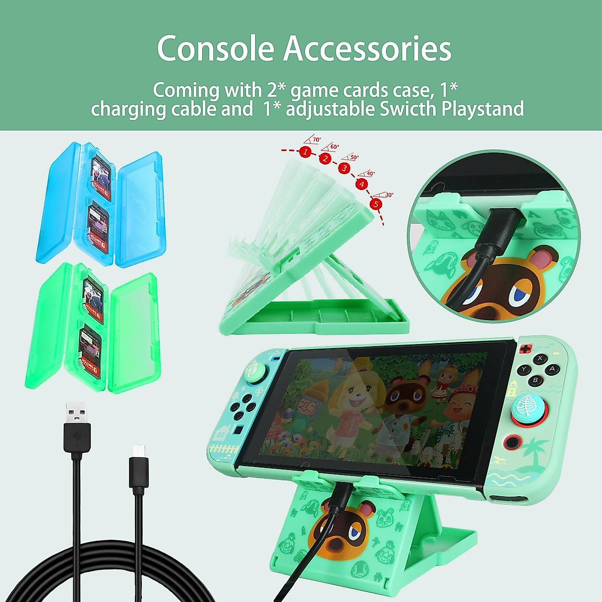 TIKOdirect Carrying Case for Switch, Cute Portable Travel Bag Accessories with Protective Case, Screen Protectors, Stand, Game Card Case and Thumb Grip caps[Keychain Gift], Animal Crossing