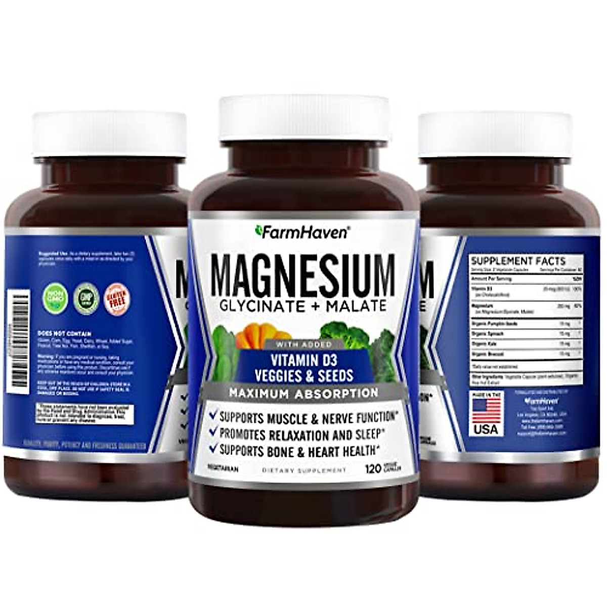FarmHaven Magnesium Glycinate & Malate Complex w/Vitamin D3, 100% Chelated for Max Absorption, Vegan – Bone Health, Nerves, Muscles, 120 Capsules, 60 Days