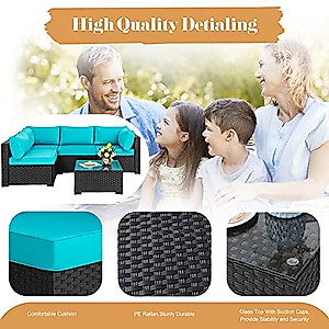 Walsunny 5 Pieces Outdoor Patio Furniture Set, All-Weather Rattan Patio Sectional Sofa Wicker Conversation Set with Glass Table and Cushions(Blue)