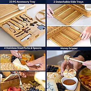 VAREZZA Bamboo Cheese Board and Knife Set Extra Large Charcuterie Board Set - Serving Board, Side Cheese Tray, Round Bamboo Fruit Cheese Platter, 23 Entertaining Accessories for House Warming Gift