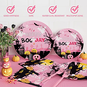 Fiesec Happy Boo Day Party Supplies Tableware Set, Pink Halloween Party Decorations for Girl, Trick or Treat Pumpkin Ghost Face Plates, Napkins, Forks, Serves 24 Guests