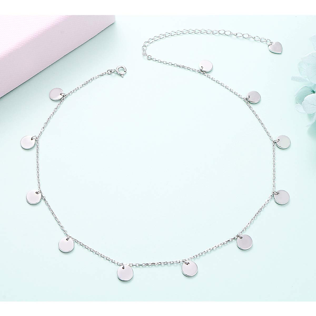 Sterling Silver Jewelry Dot Choker Necklace Round Circle Pendant Disc Chain Statement Necklace For Women