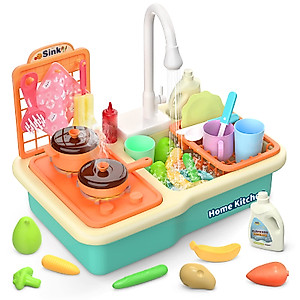 CUTE STONE Kitchen Sink Toys with Running Water, Play Sink with Upgraded Electric Faucet, Play Cooking Stove, Pot and Pan W/ Spray Realistic Light & Sound, Kids Kitchen Role Play Dishwasher Toys