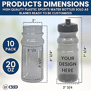 CSBD 20 oz. Bulk Water Bottles, 10 Pack, Made in USA, Blank Plastic Reusable Water Bottles for Gym, Cycling, BPA Free, Plastic Water Bottles Pull Top Cap for Sports, Translucent Smoke