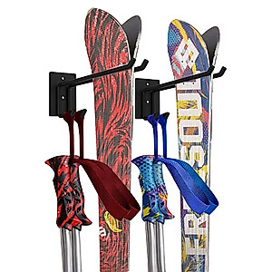 Foozet Ski Storage Rack with Ski Poles Storage Rack Wall Mount Heavy Duty Metal, Suitable for 2 Pairs Snowboard Storage Hanger for Garage Home Indoor Hold up to 100lbs