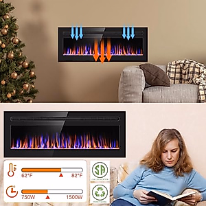Upesitom 50" Electric Fireplace Insert Recessed & Wall Mounted, 750/1500W Linear Electric Fireplace Insert with 12 Adjustable Flame Colors, Bracket, Timer, Remote Control