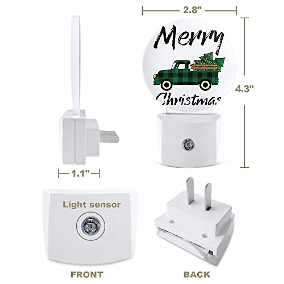 Merry Christmas Truck Night Lights Plug into Wall, Xmas Tree Green Auto Round LED Lights with Dusk to Dawn Sensor for Bedroom, Bathroom, Hallway, Kitchen, Kids, Home Decor