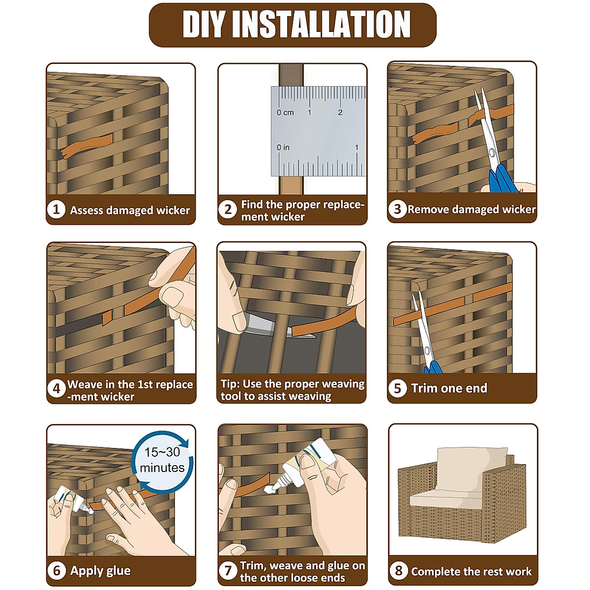 Laphivieh 120 Ft Wicker Repair Kit, Plastic Wicker Repair Supplies, Mixed Dark Brown, Synthetic Rattan Replacement Material for Patio Wicker Furniture Sofa Chair Repair