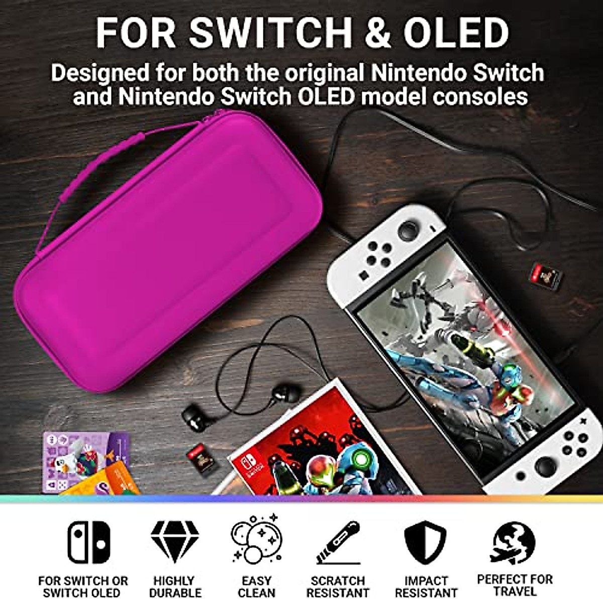 Orzly Carry Case Compatible with Nintendo Switch and New Switch OLED Console - Pink Protective Hard Portable Travel Carry Case Shell Pouch with Pockets for Accessories and Games