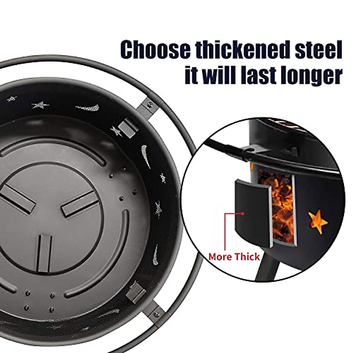 WASAKKY Fire Pits Wood Burning Grill - 30” Round Steel Deep Bowl Firepit - Backyard Cosmic，Stars and Moons Firepit 2-in-1 for Outside Patio Cooking Black