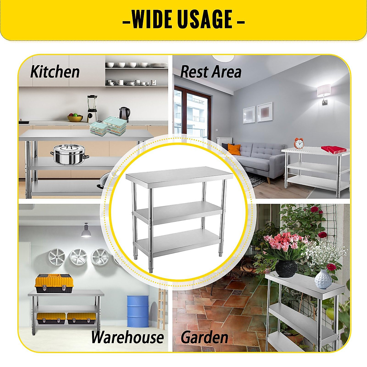 Commercial Stainless Steel Outdoor Food Prep Table with Adjustable Undershelf - Heavy Duty Kitchen Work Table for Garage, Home, Warehouse, and Kitchen