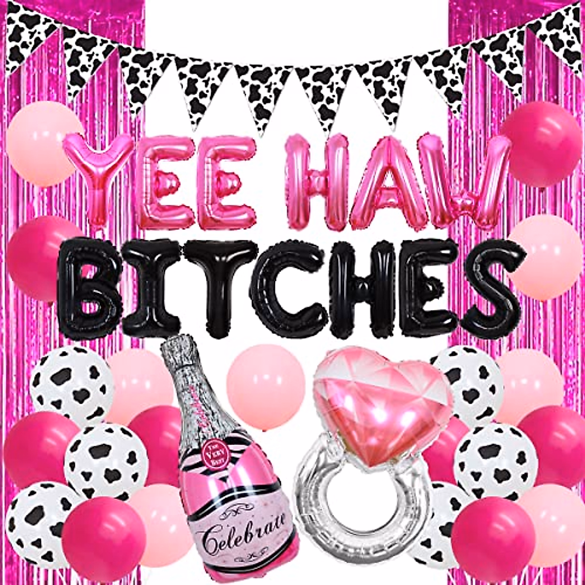 Western Bachelorette Party Decorations, Hot Pink and Black Yeehaw Bitches Balloon Cow Print Pennant Banner, Cowgirl Nashville Bridal Shower Supplies