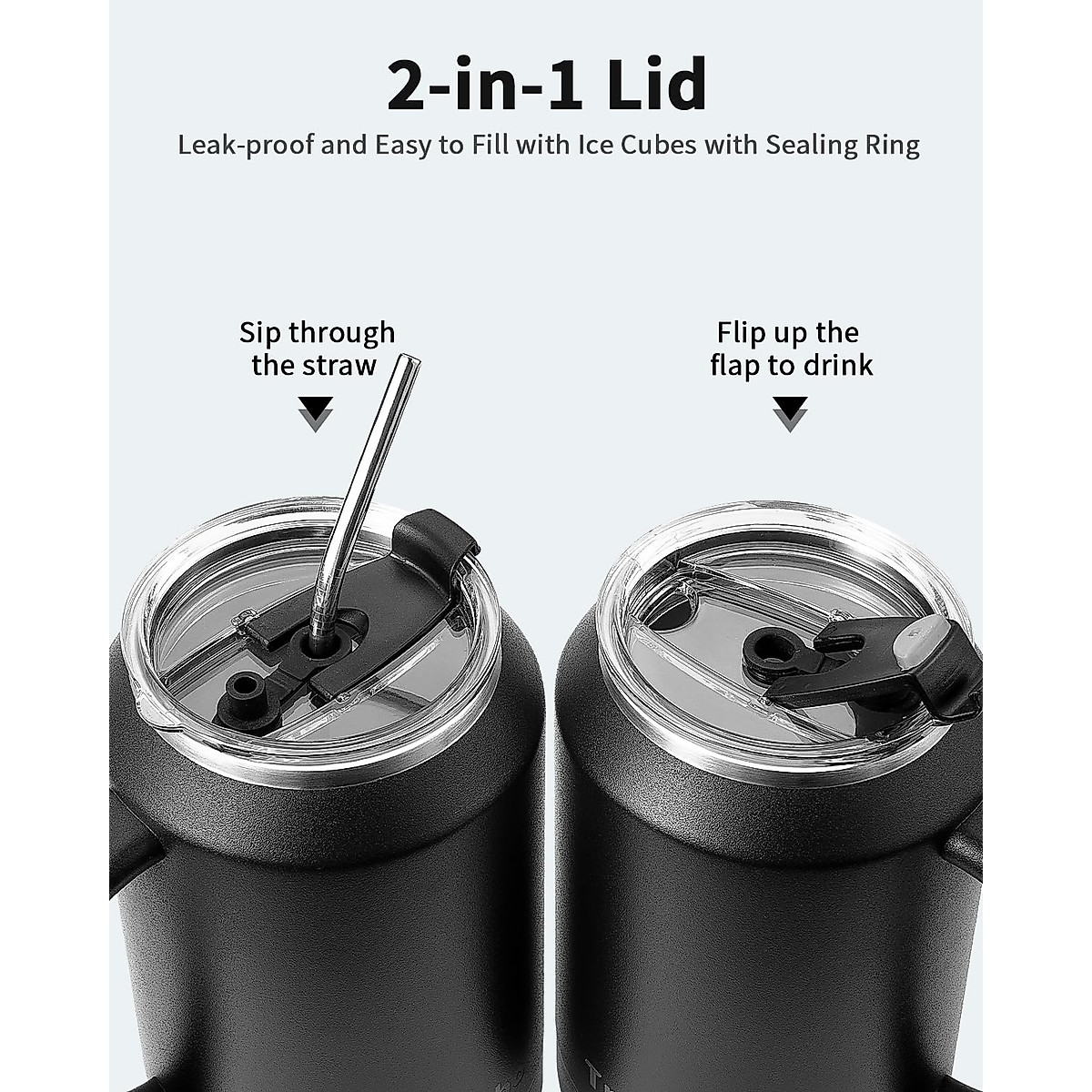 Trebo 50 oz Stainless Steel Mug Tumbler with Handle, Vacuum Insulated Large Iced Coffee Cup with Lids and Straws,Reusable Water Bottle Trave Flask Jug Keeps Drinks Cold up to 36 Hrs,Sweat Proof,Black