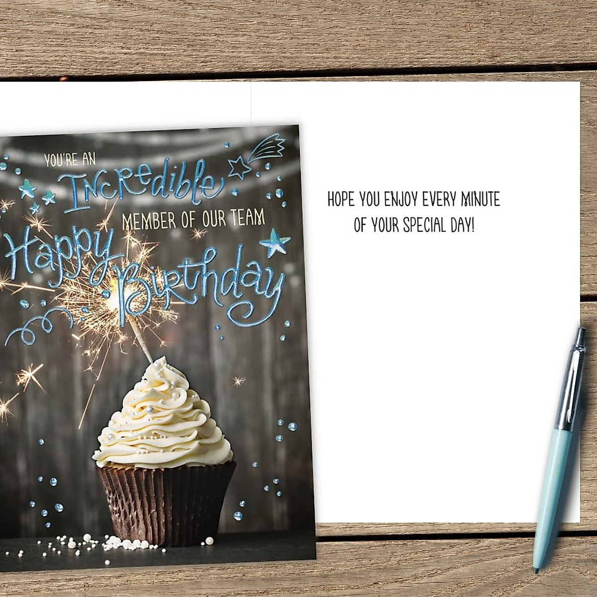 25 Employee Birthday Cards - Cupcake & Stars Design with Blue Holographic Foil Embossing - 26 White Envelopes - FSC Mix