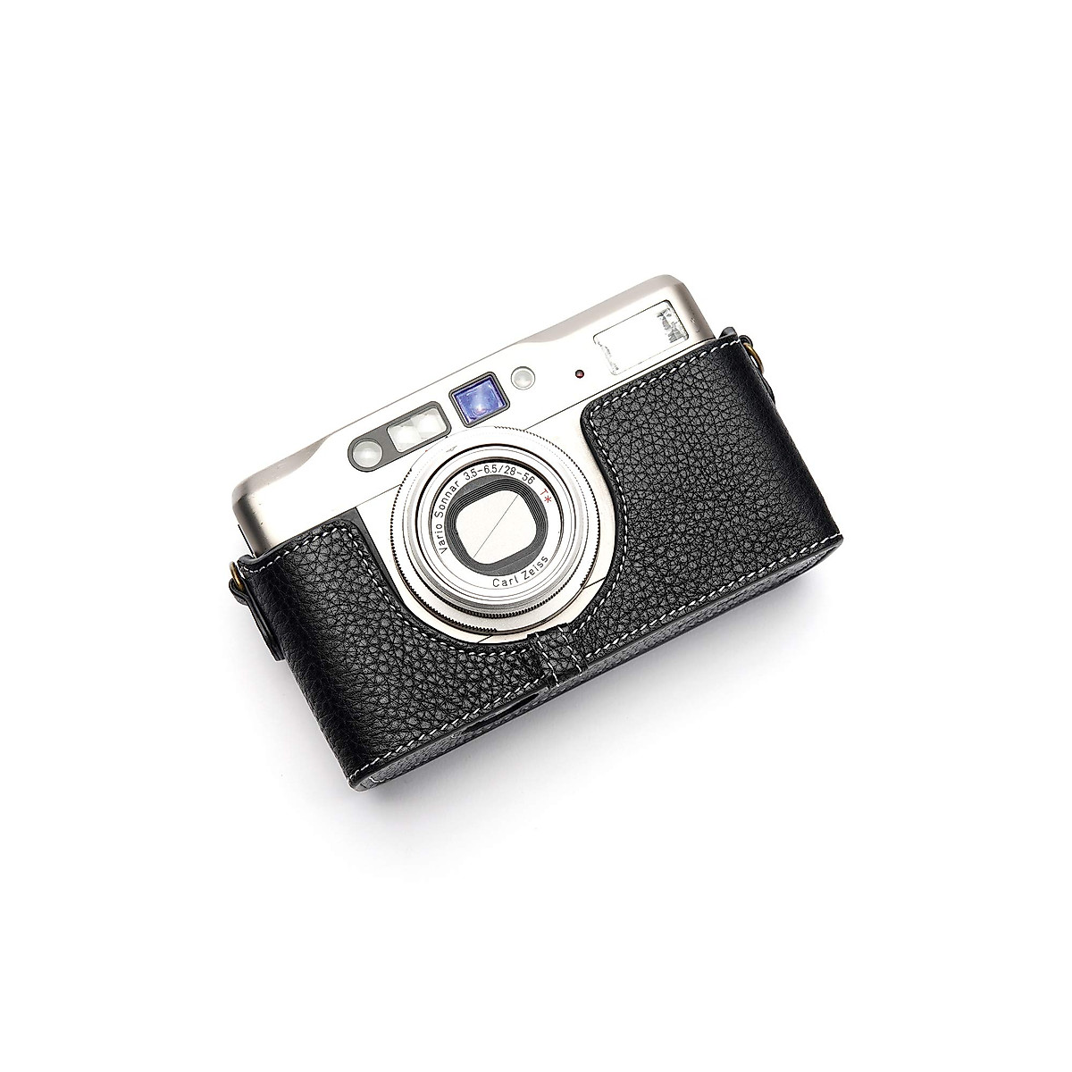 Contax TVS II Case, BolinUS Handmade Genuine Real Leather Half Camera Case Bag Cover for Contax TVS II Camera with Hand Strap (Black)