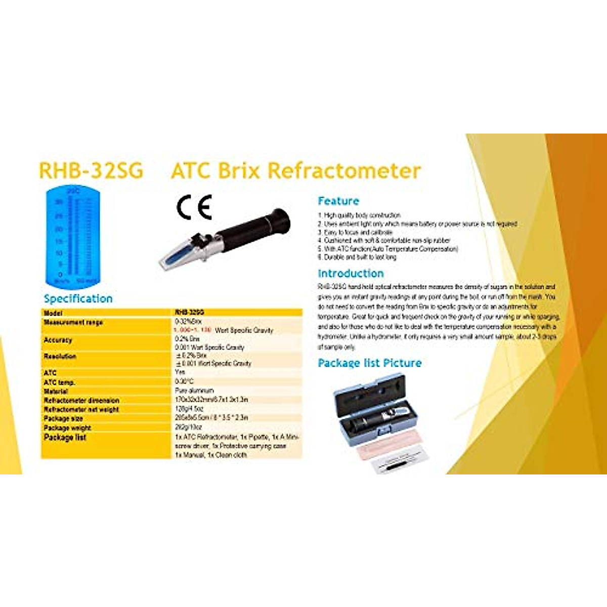RHB-32SG ATC Beer 0-32% Brix WortSG:1.000-1.130 Optical Refractometer Beer Wort and Wine Refractometer
