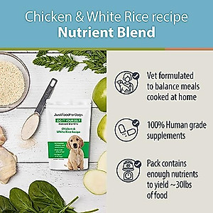 JustFoodForDogs DIY Human Quality Dog Food, Nutrient Blend Base Mix for Dogs - Chicken and White Rice Recipe (7.93oz) -Packaging May Vary