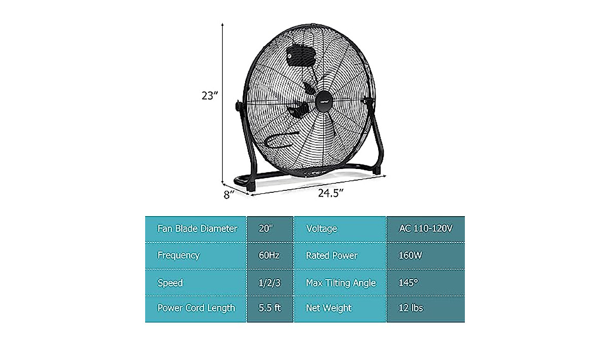COSTWAY 20-inch High Velocity Floor Fan - Powerful & Adjustable