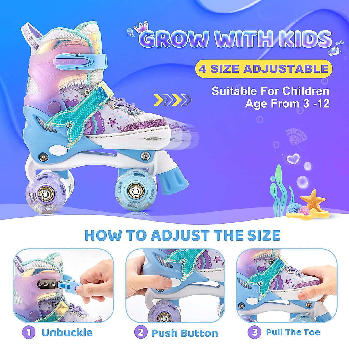 NEMONE Mermaid 4 Size Adjustable Light up Roller Skates for Girls, Blue Purple Skates for Toddlers, Beginner Kids Roller Skates Indoor Outdoor (Blue M)