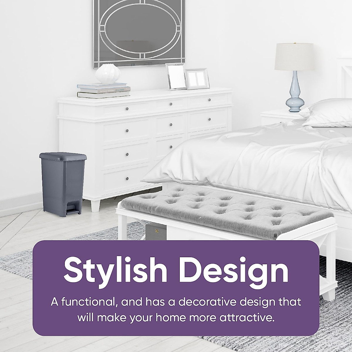 Superio Slim Trash Can with Foot Pedal – 2.5 Gallon Step-On Trash Can with Lid, Small Plastic Garbage Can, Mini Trash Can for Bathroom, Kitchen, Office, Under Desk, Bedroom, Dorm – Onyx Grey, 2