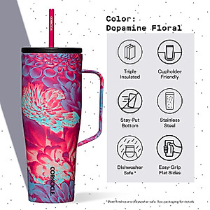 Corkcicle Cold Cup XL Insulated Tumbler with Handle, Lid, & Straw, Dopamine Floral, 30 oz – Reusable Cupholder Friendly Water Bottle Keeps Drinks Cold 12hrs