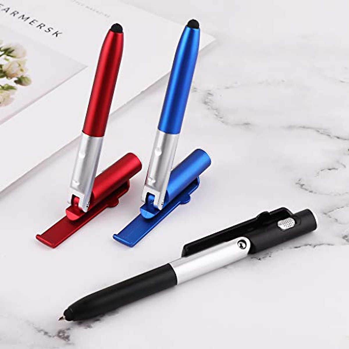 ForHe Multifunction 4-in-1 Touch Screen Pen,Stylus Pen+Ballpoint Pen+LED Flashlight+ Foldable Phone Stand Holder, 3 Colors