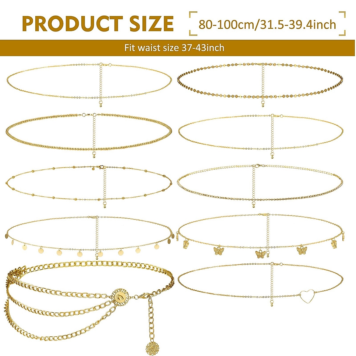 Lenwen 10 Pcs Belly Chain Adjustable Waist Chain Summer Beach Waist Jewelry for Women Multilayer Body Chain for Body Girls (Classic Style)