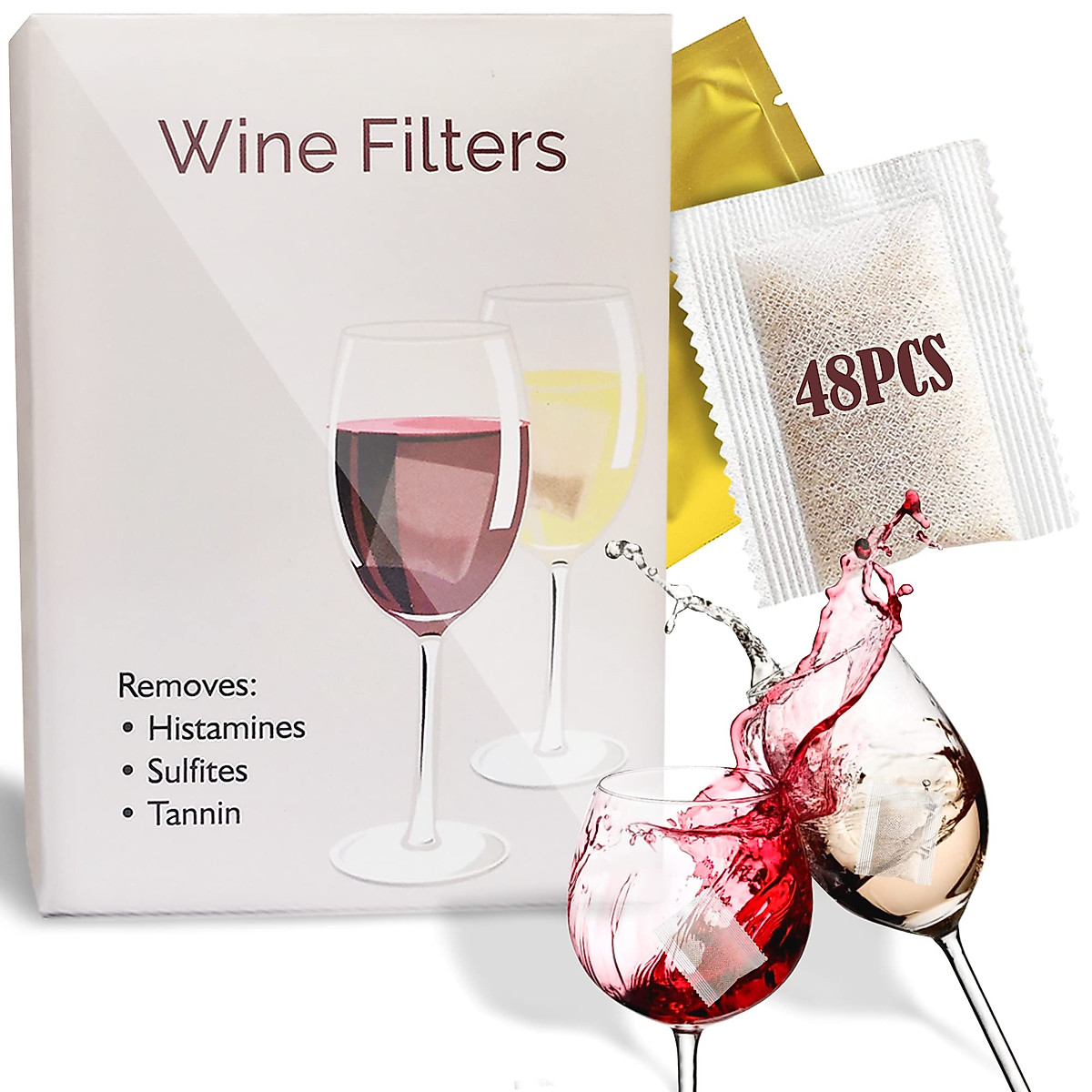 Allinko Wine Filters (48 Pack), Remove Sulfite Tannin and Histamines, All Natural Ingredients, Wine Allergy Sensitivity Prevention, Stop Wine Headaches Nausea