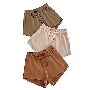 MakeMeChic Women's 3pack Elastic Waist Knot Front Lounge Track Shorts Brown Apricot Rust Brown XL