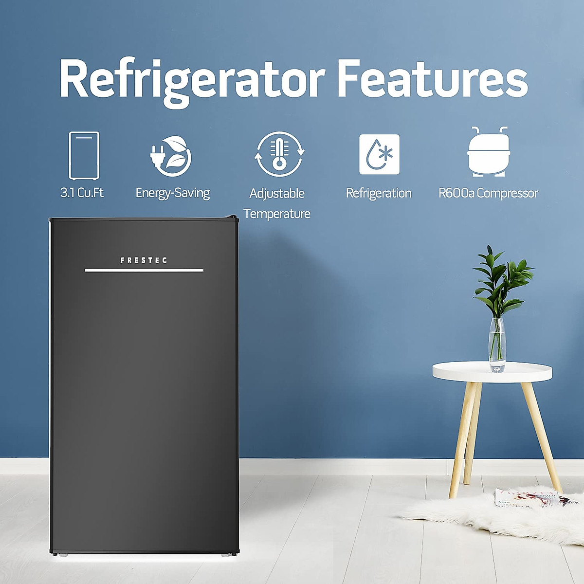 Frestec 3.1 Cu.Ft Mini Fridge for Bedroom, Mini Refrigerator with freezer, Dorm Fridge with Freezer, Reversible Door Perfect for Room and Office, Adjustable Temperature(without Handle, Black)