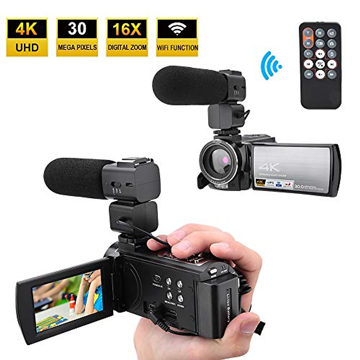 Digital Video Camera, Professional Video Camera 4K Camera, Night Vision HD 3.0inch Touch Screen for Travel Professionals Outdoor Enthusiast(Standard + Microphone + Battery, Transparency)