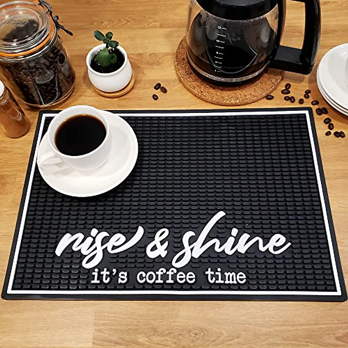 New Mungo Coffee Bar Mat - Coffee Bar Accessories for Coffee Station, Coffee Accessories, Coffee Bar Decor, Coffee Decor - Rise & Shine It's Coffee Time Coffee Mat - Rubber Bar Mats - 18”x12”