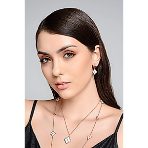 Mother of Pearl Flower Dangle Drop Earrings for Women with Cubic Zirconia in 925 Sterling Silver with Rose Gold Plating Hinged Back by Lavari Jewelers