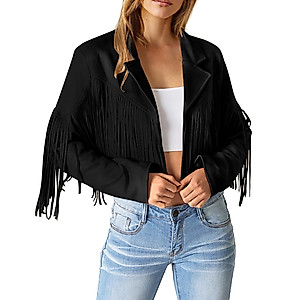 PRETTYGARDEN Women's Fringe Faux Suede Leather Jackets 2025 Fashion Tassel Motorcycle Cropped Coats (Black,Large)