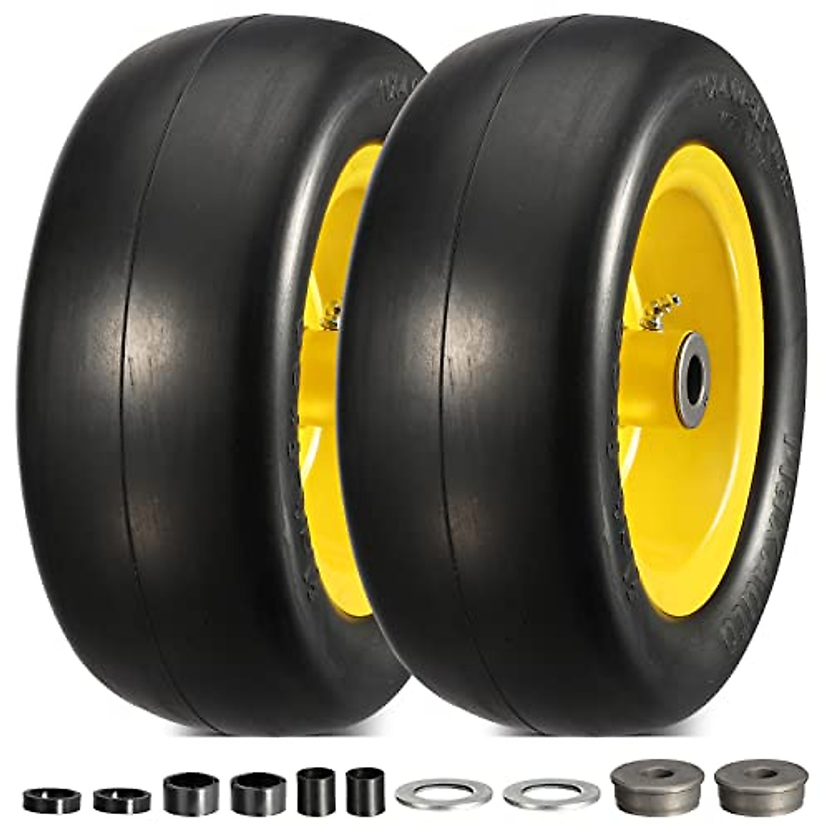 MaxAuto 11x4.00-5" Flat Free Zero Turn Mowers Tire on Wheel, 3/4" or 1/2" Bushings, 3.4" Centered Hub - Hub Length 3.4"-5", Universal Fit Smooth Tread Tire for Zero Turn Lawn Mowers, Set of 2